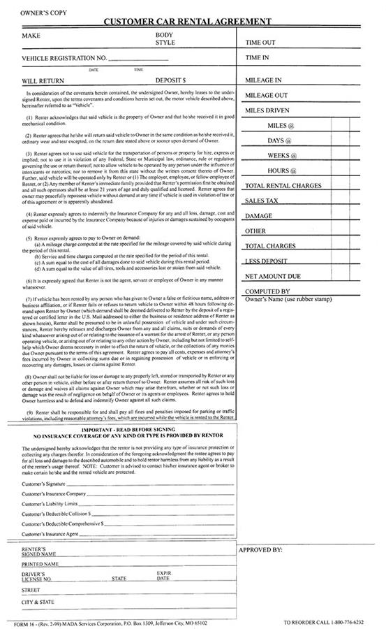 M16 CAR RENTAL AGREEMENT W/O INS WAIVER