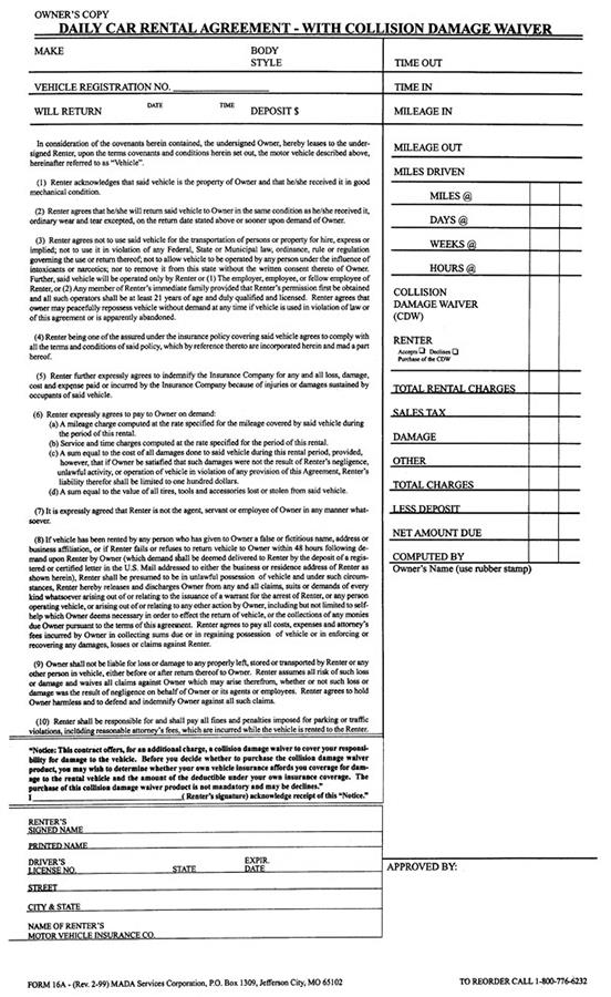 M16A CAR RENTAL AGREEMENT W/INS WAIVER