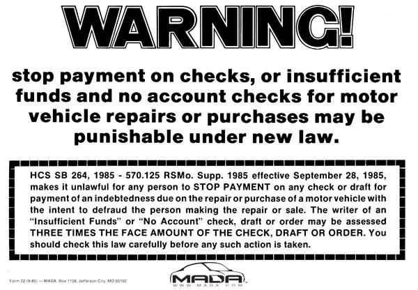 M22 STOP PAYMENT CHECK WARNING SIGN